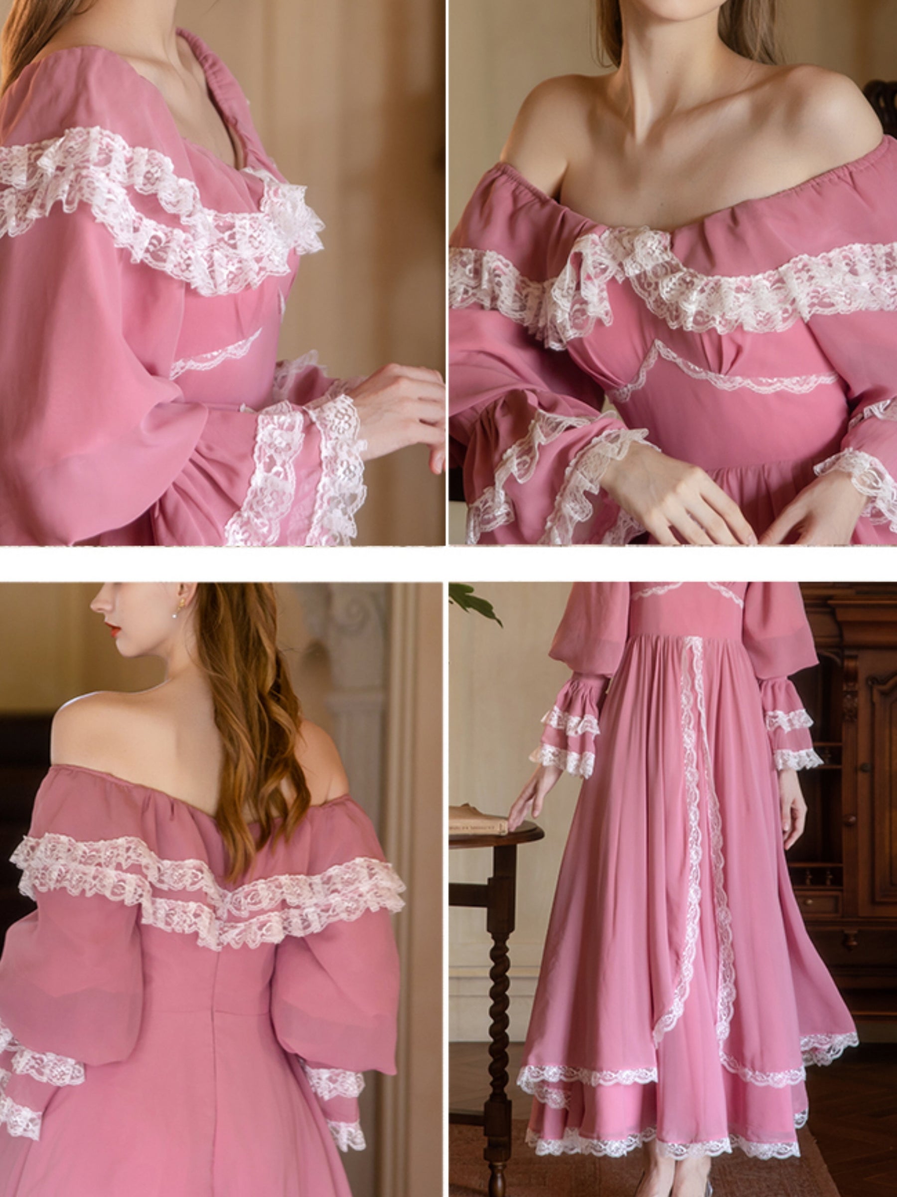 Pink Princess Off-Shoulder Lace Dress -Vintage Princesscore Outfit