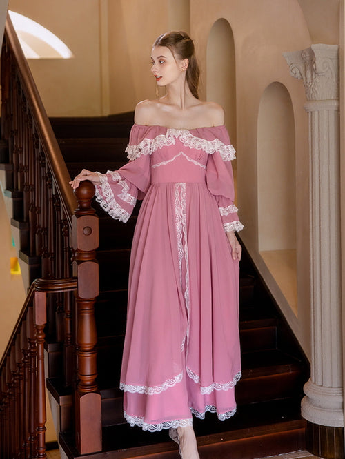 Pink Princess Off-Shoulder Lace Dress -Vintage Princesscore Outfit
