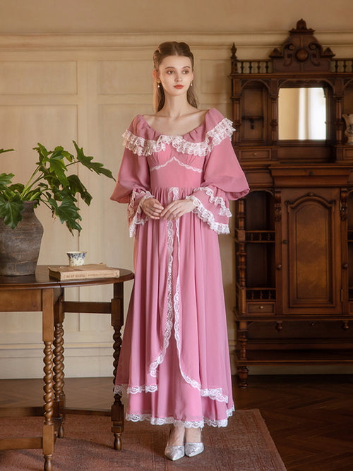 Pink Princess Off-Shoulder Lace Dress -Vintage Princesscore Outfit
