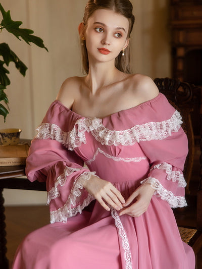 Pink Princess Off-Shoulder Lace Dress -Vintage Princesscore Outfit