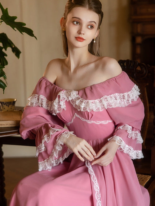 Pink Princess Off-Shoulder Lace Dress -Vintage Princesscore Outfit