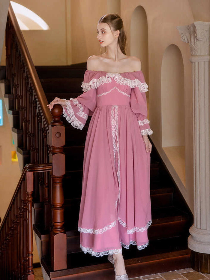 Pink Princess Off-Shoulder Lace Dress -Vintage Princesscore Outfit