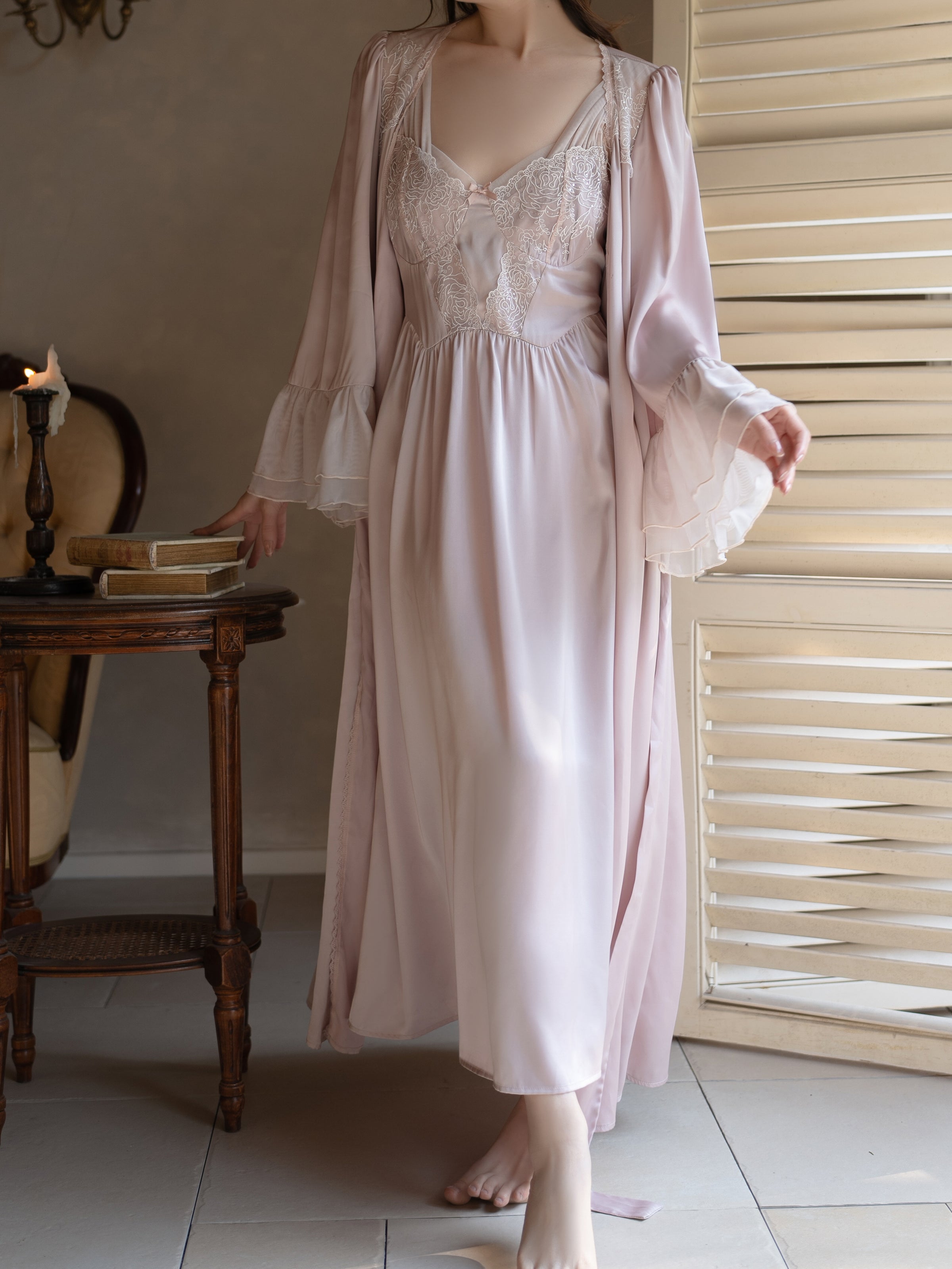 Rose Lace Princess Nightgown Set – Romantic Loungewear Outfit