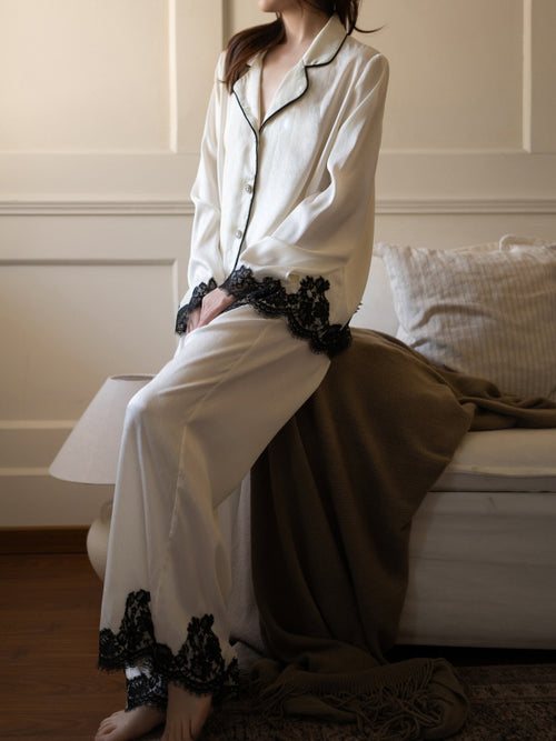 Ivory Satin Lace Trim Pajama Set – Elegant Vintage Aesthetic Outfit