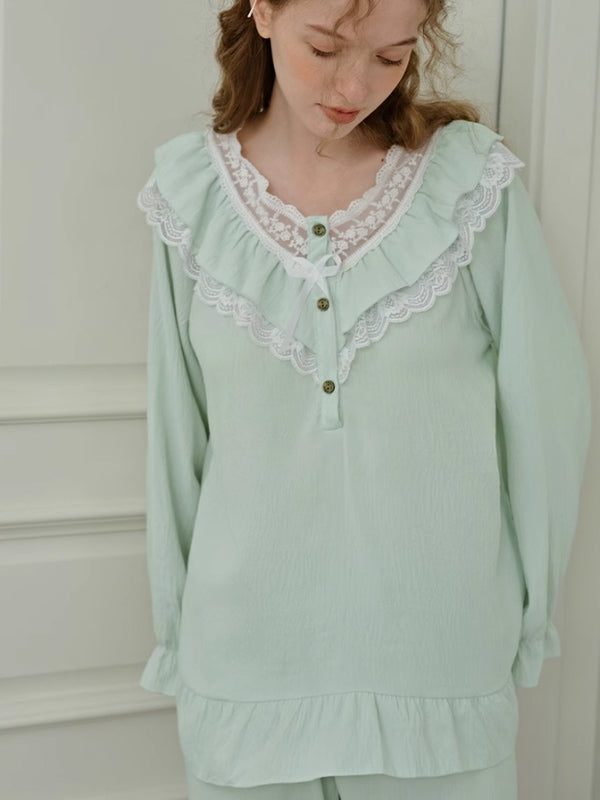 Mint Ruffle Lace Cottagecore Pajama Set