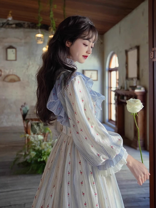 Striped Blue Ruffle Floral Cotton Dress – Cottagecore Vintage Outfit