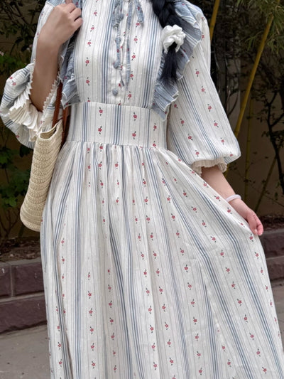 Striped Blue Ruffle Floral Cotton Dress – Cottagecore Vintage Outfit